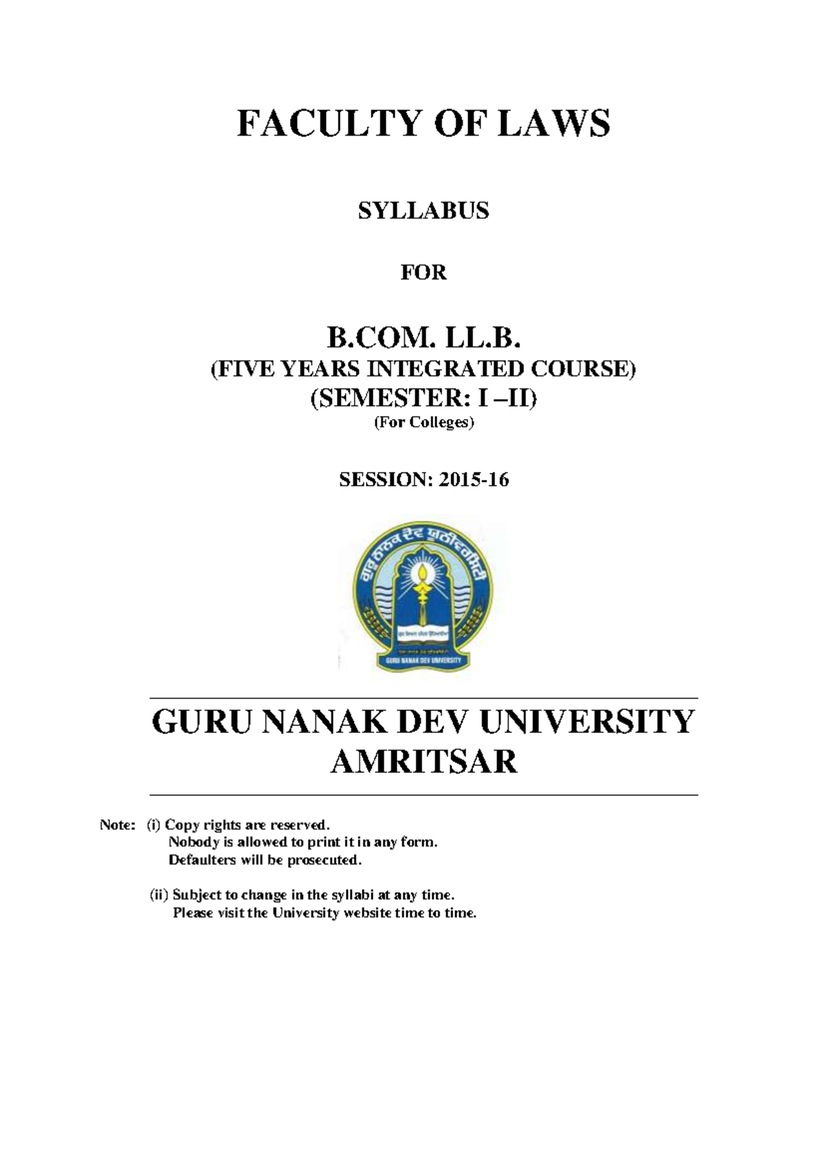 BCOM LLB Semester I AND II - FACULTY OF LAWS SYLLABUS FOR B. LL. (FIVE ...