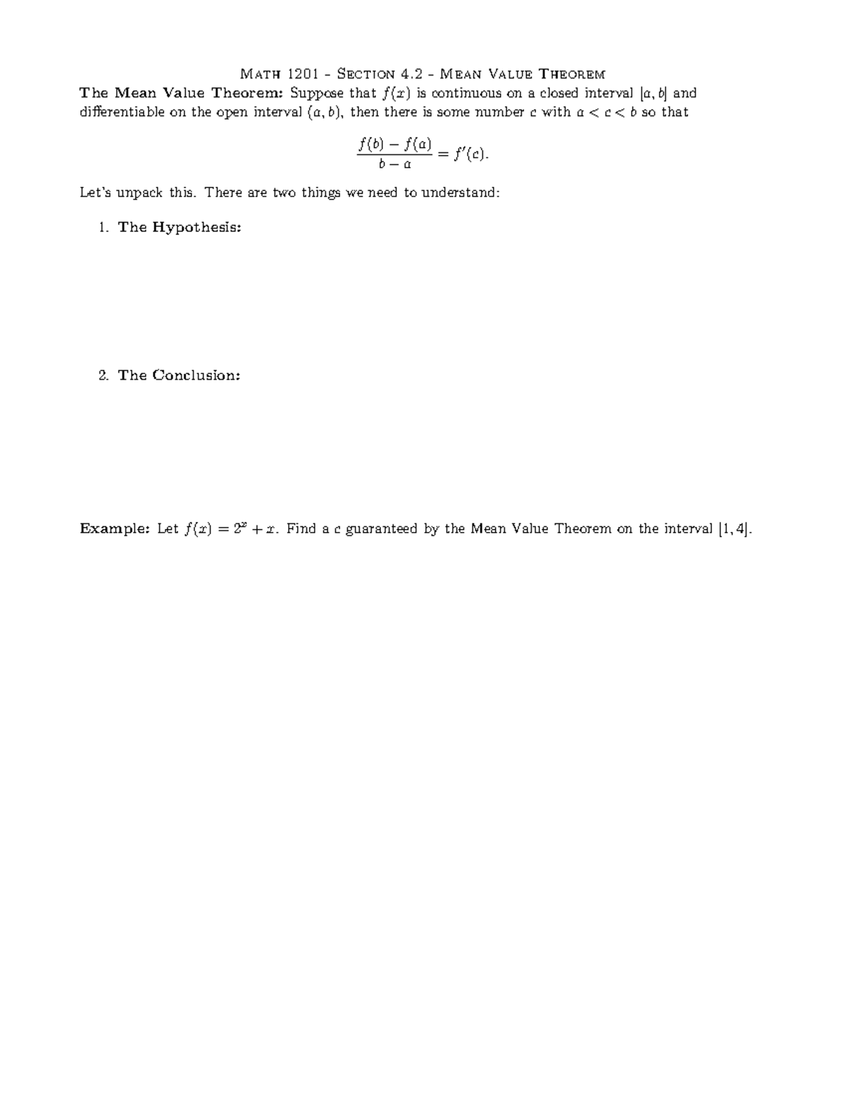 4 2 Note For Mean Value Theorem The Mean Value Theorem Differentiable