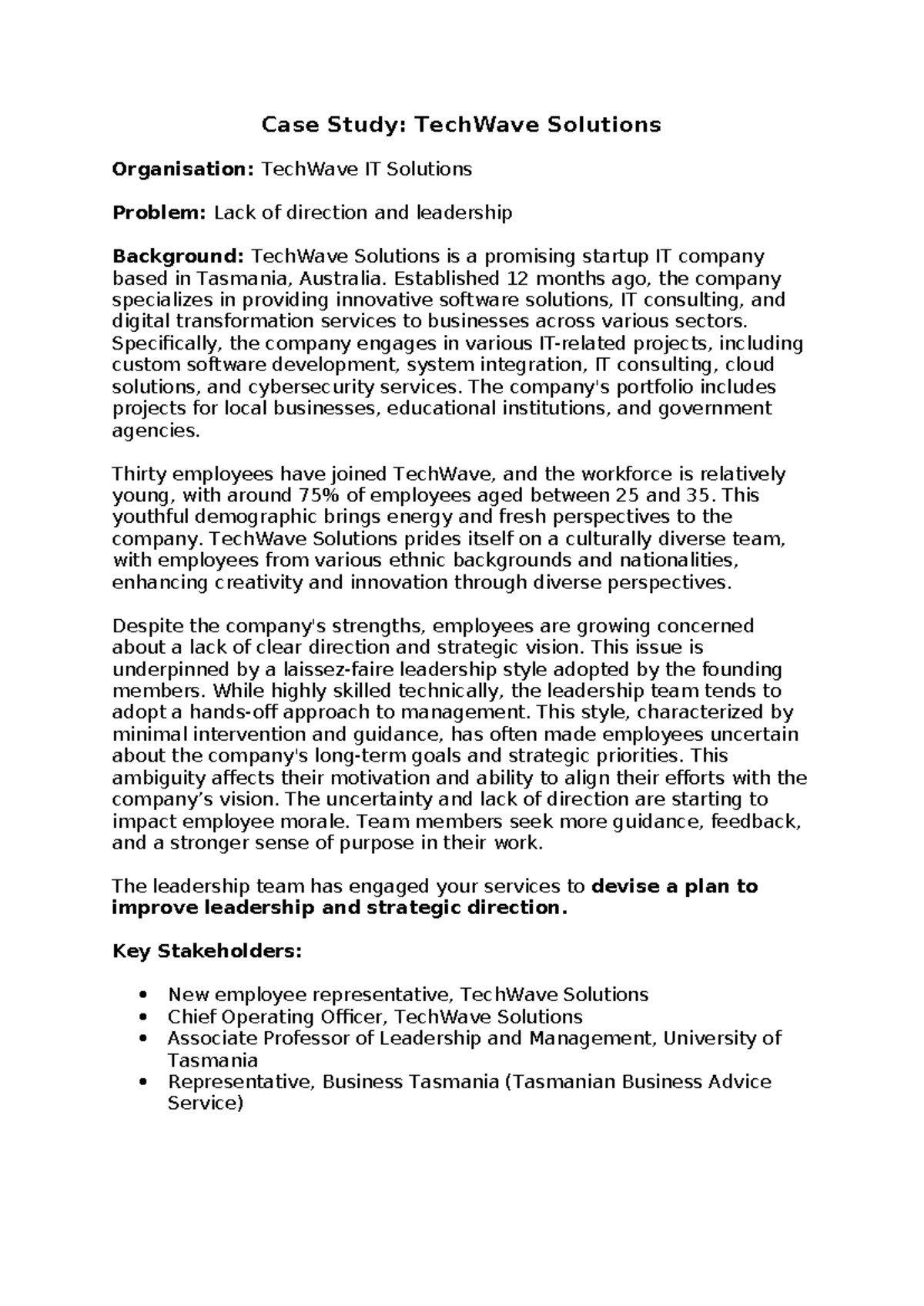 Case D - Tech Wave Solutions - Case Study: TechWave Solutions Organisation: TechWave IT ...