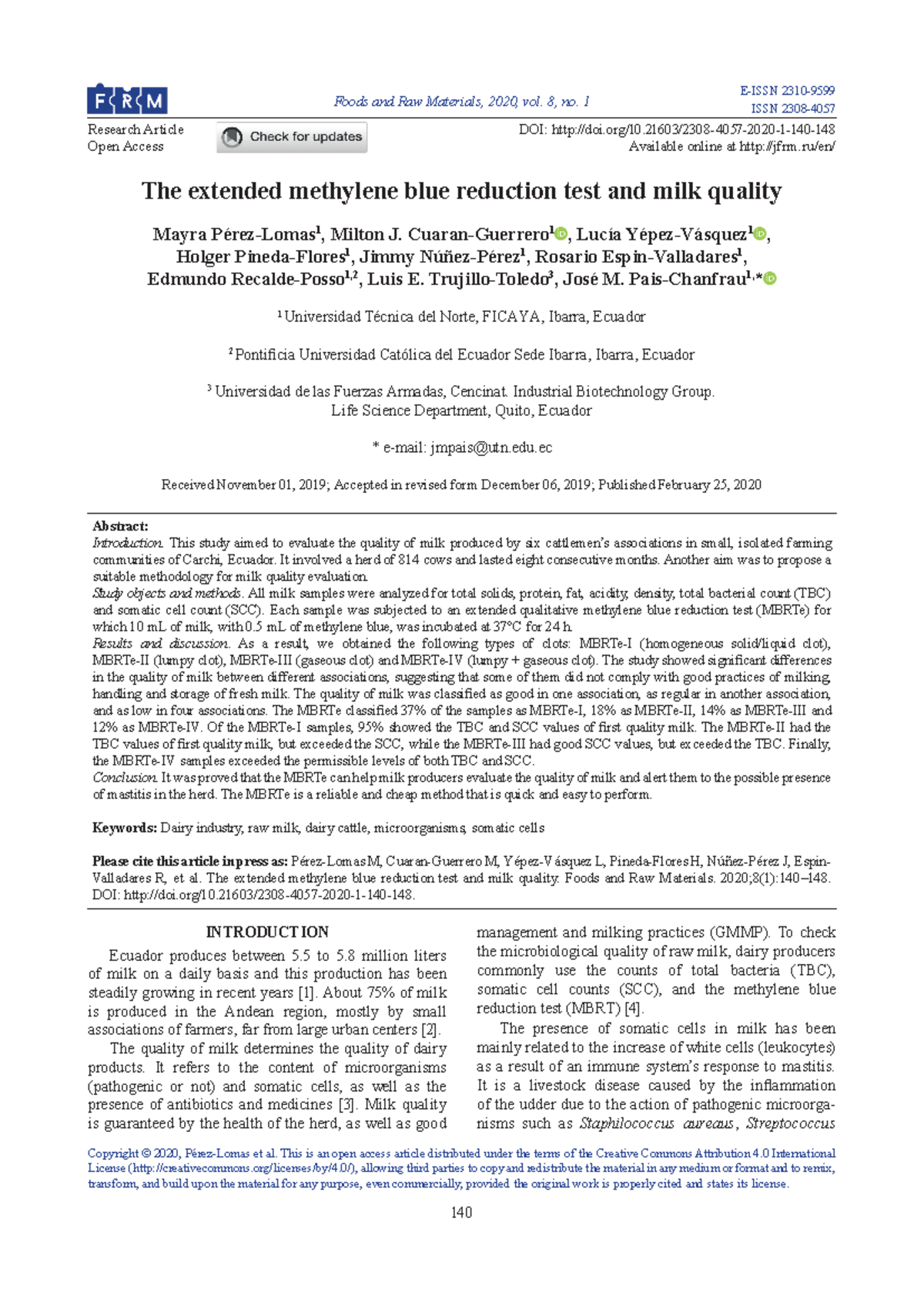 The extended methylene blue reduction test and milk quality - Pérez ...