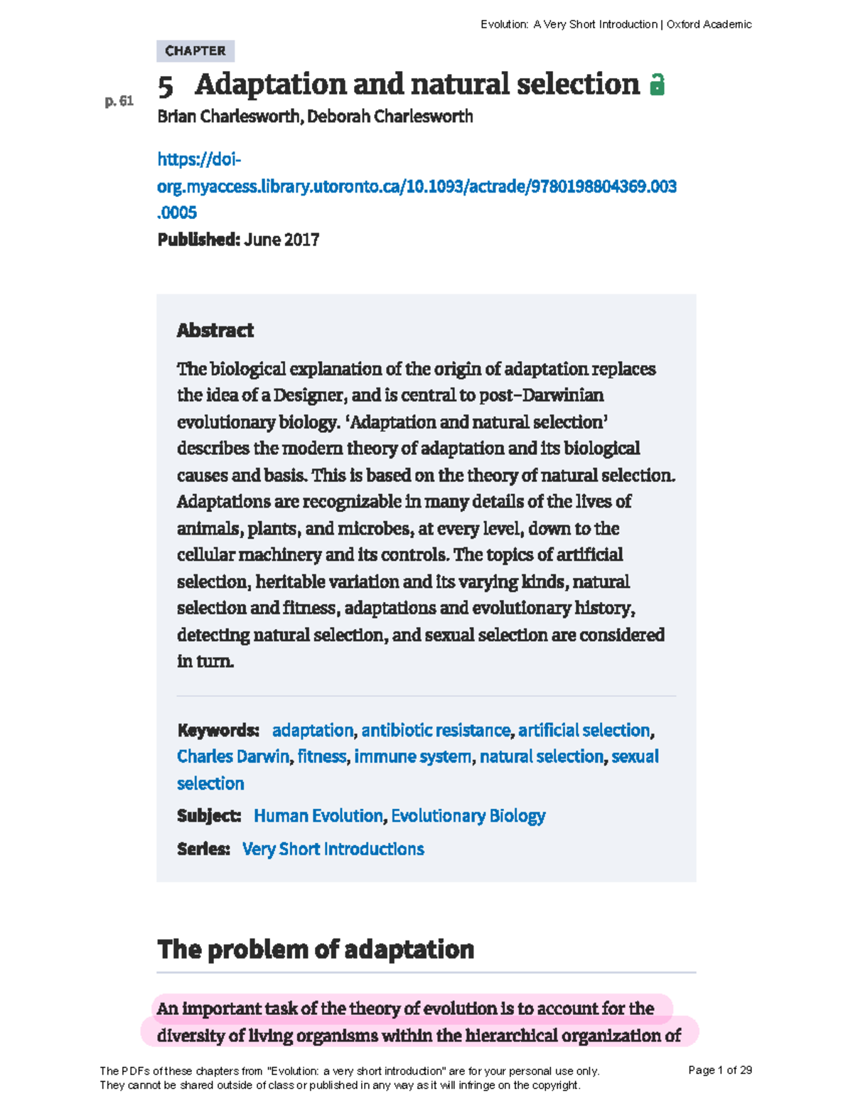 Chapter 5 Reading - The PDFs of these chapters from "Evolution: a very ...