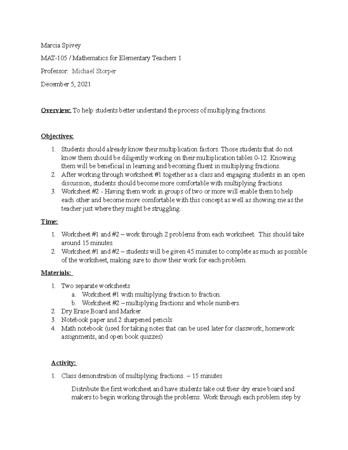 Math 150 Lesson Plan #2 (Completed) - Marcia Spivey MAT-105 ...