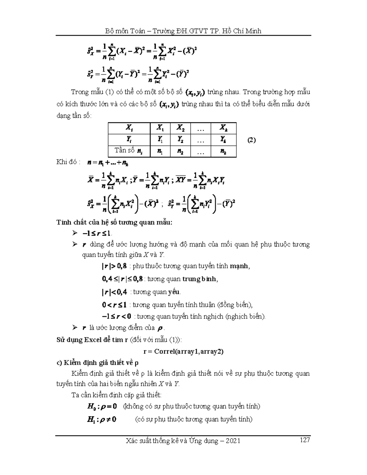 Xstk-ch5.tương quan và hồi quy - 127 Trong mẫu (1) có thể có một số bộ số trùng nhau. Trong ...