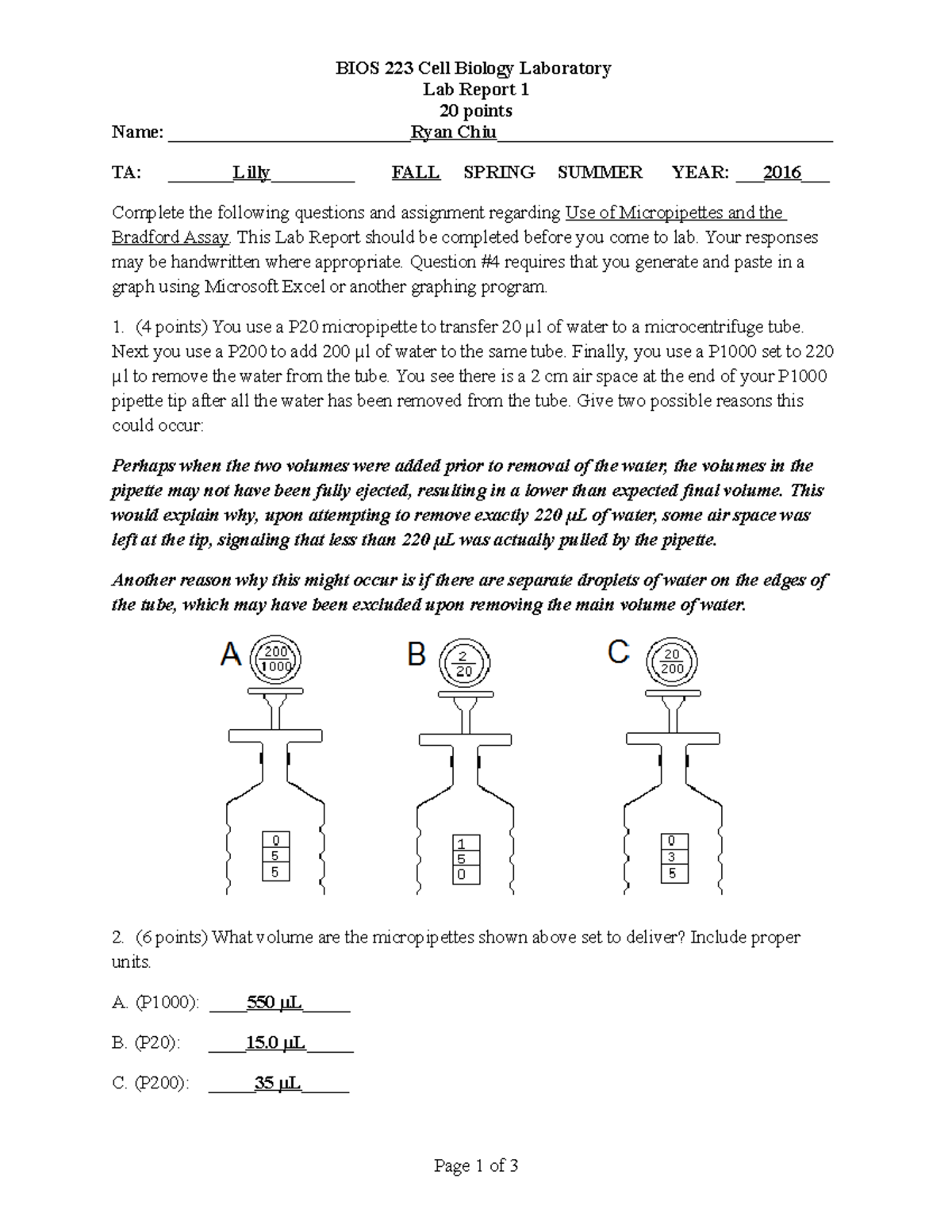 Lab Report - Bradford Assay - BIOS 223 Cell Biology Laboratory Lab ...
