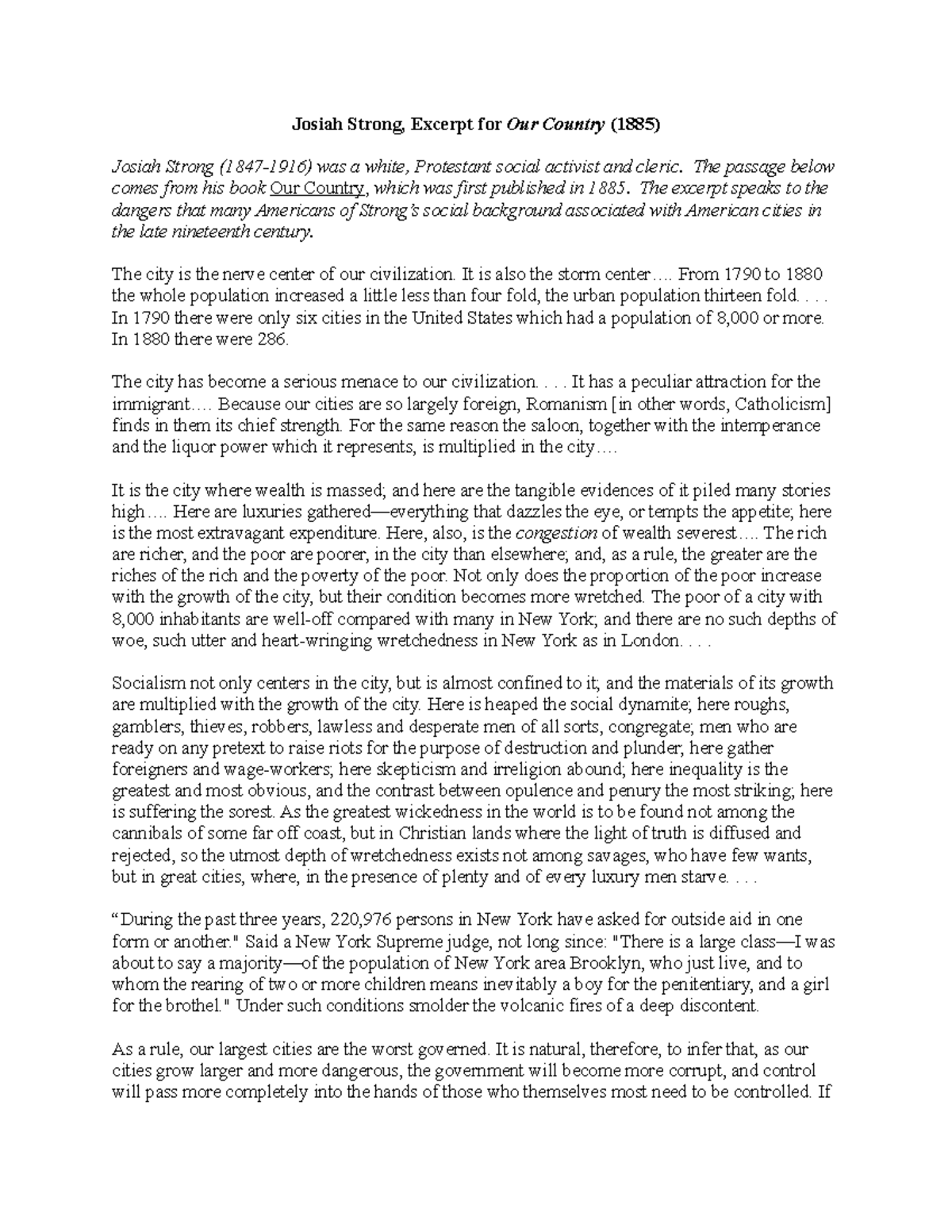 Strong Excerptfrom Our Country - Josiah Strong, Excerpt for Our Country ...