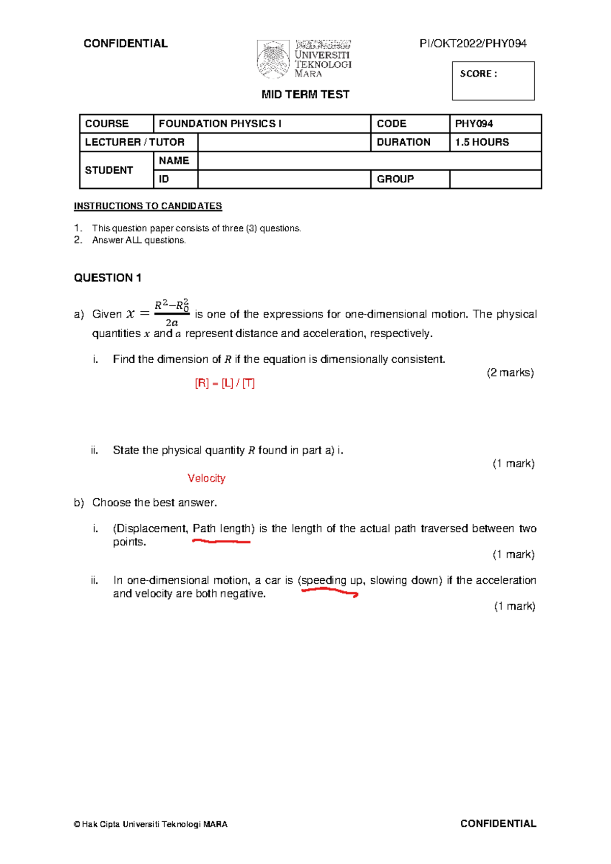 Test Okt 2022 - PHY094 with answers - MID TERM TEST COURSE FOUNDATION ...