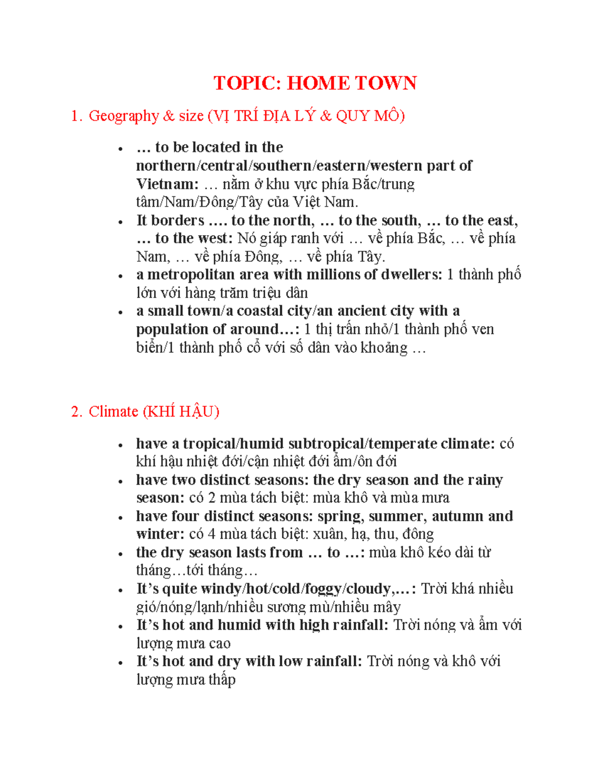 Topic-Hometown - IELTS - TOPIC: HOME TOWN 1. Geography & size (VỊ TRÍ ...