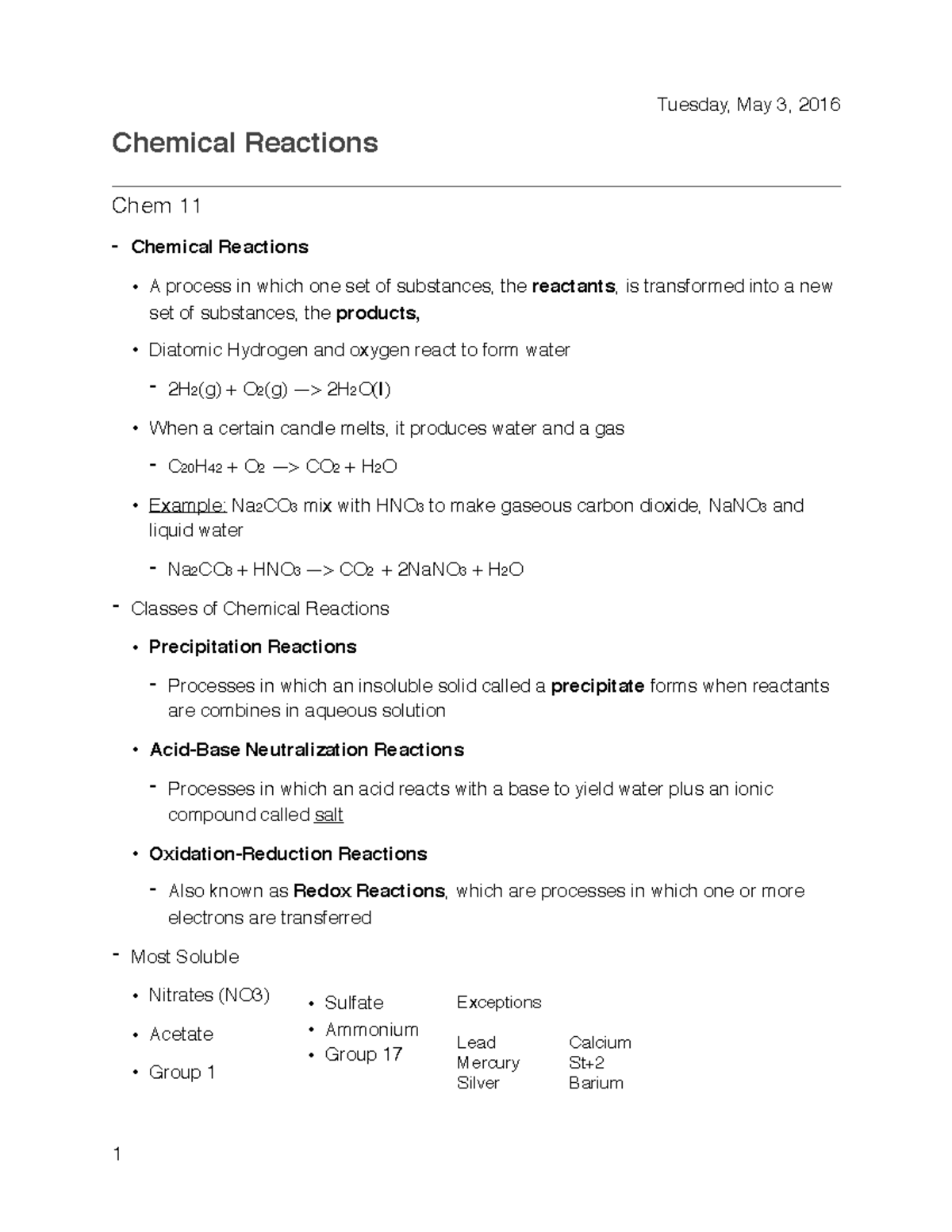 Chemical Reactions - Tuesday, May 3, 2016 Chemical Reactions Chem 11 ...