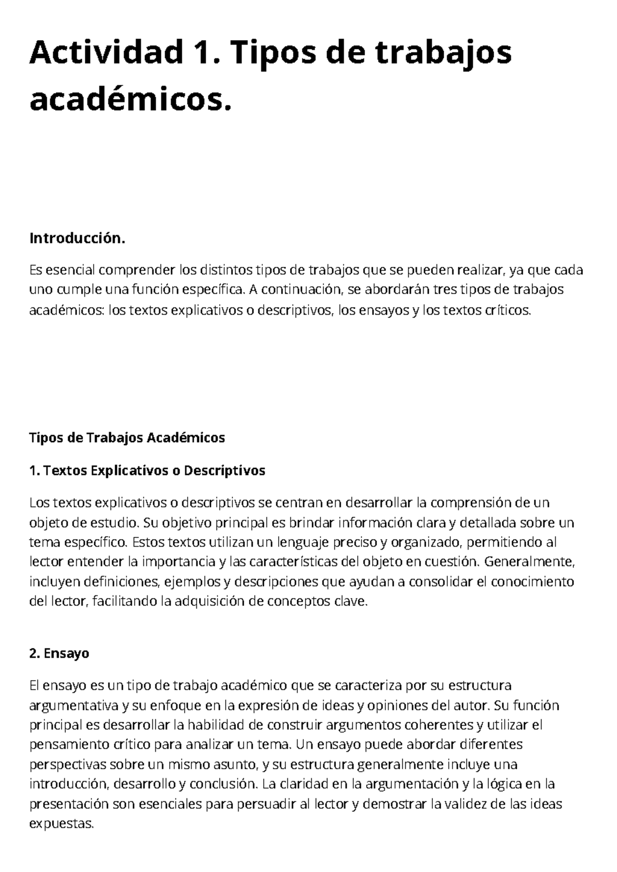Uni. 2, Actividad 1. Tipos de trabajos académicos - Actividad 1. Tipos de trabajos académicos ...