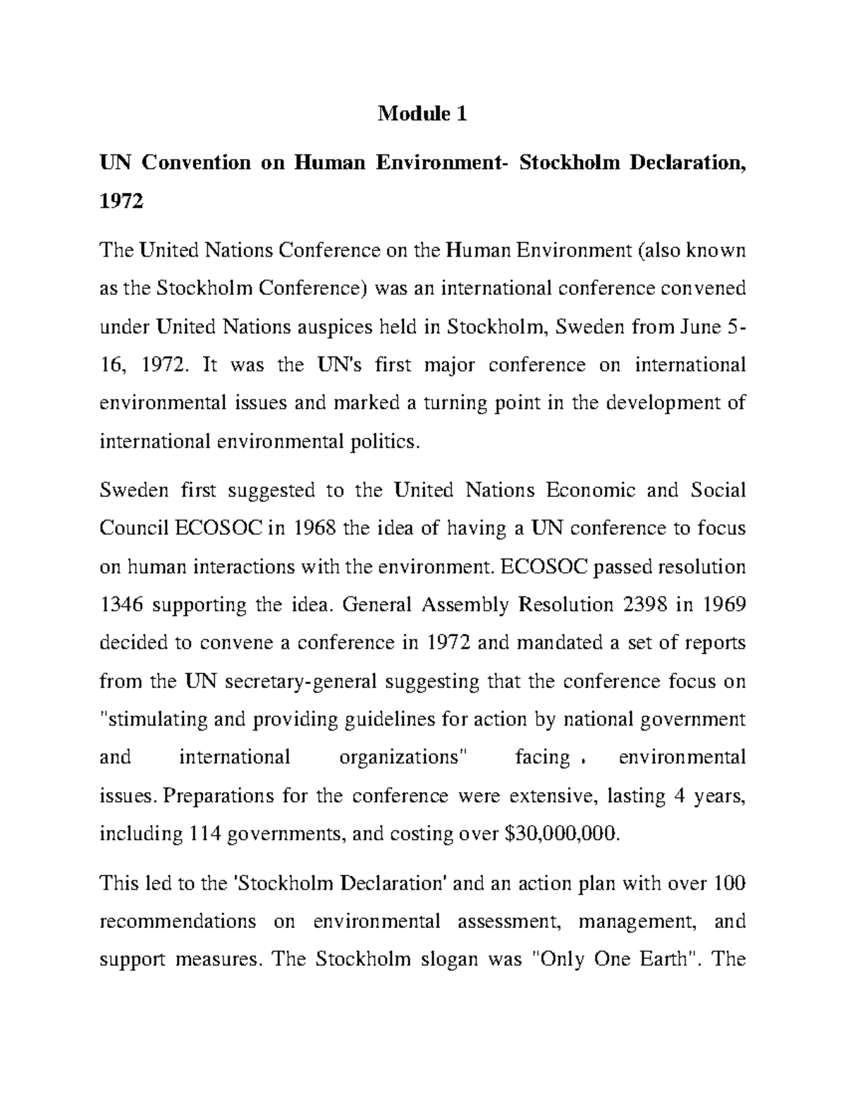 Environmental Law Notes - Module 1 UN Convention on Human Environment ...