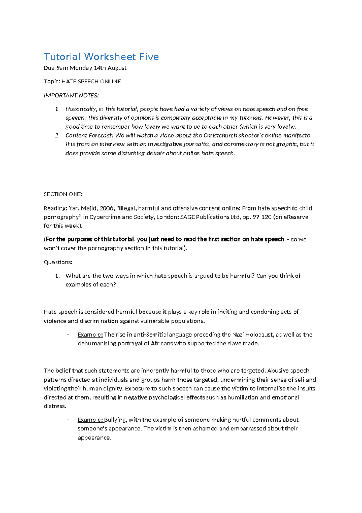 Tutorial Worksheet 5 SOCI312 - Tutorial Worksheet Five Due 9am Monday ...