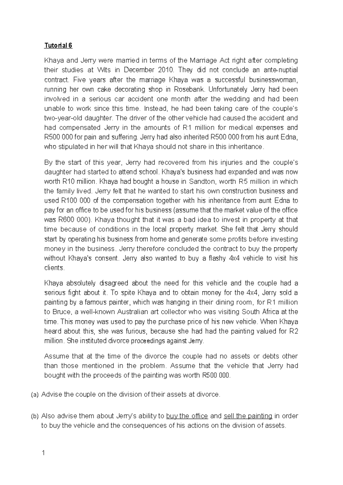 Tut 6 WITH MEMO - Tut 6 WITH MEMO - Tutorial 6 Khaya and Jerry were married in terms of the ...