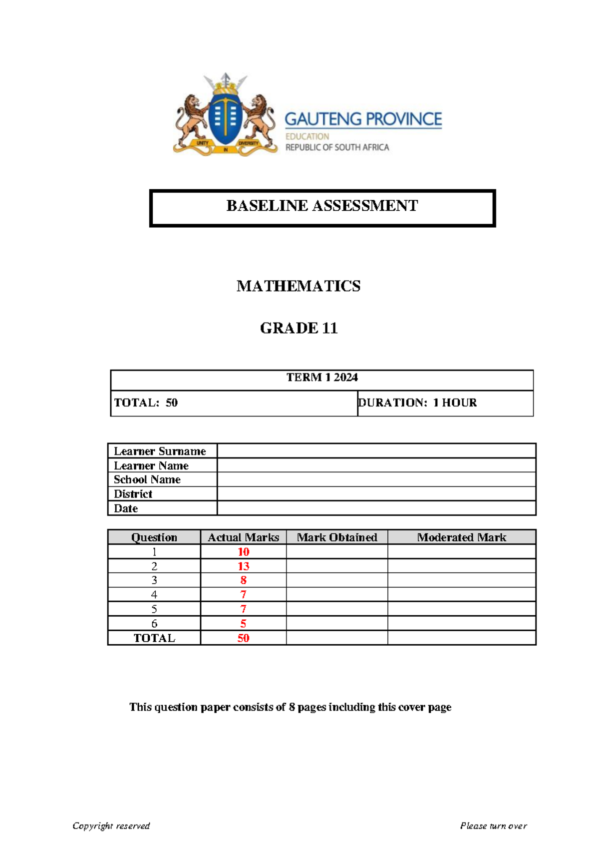 2024 Baseline Test Grade 11 Mathematics - MATHEMATICS GRADE 11 TERM 1 ...