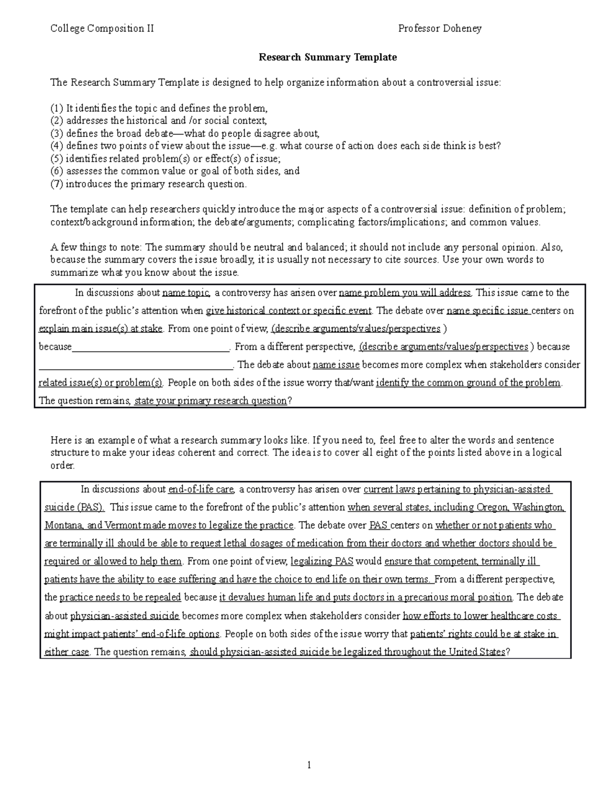 Research Summary Template - what course of action does each side think ...