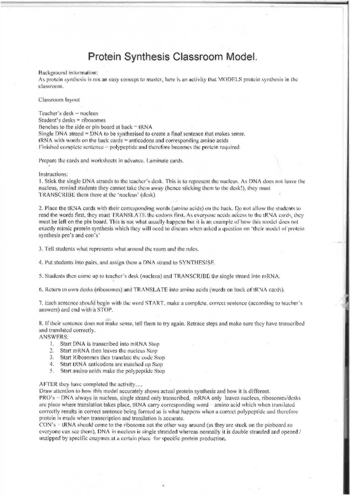 Protein synthesis model instructions - Protein Synthesis Classroom ...