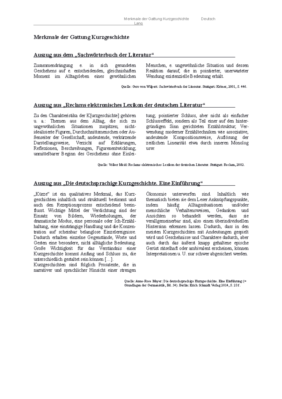 Klinische - Merkmale der Gattung Kurzgeschichte Deutsch Lang Merkmale ...