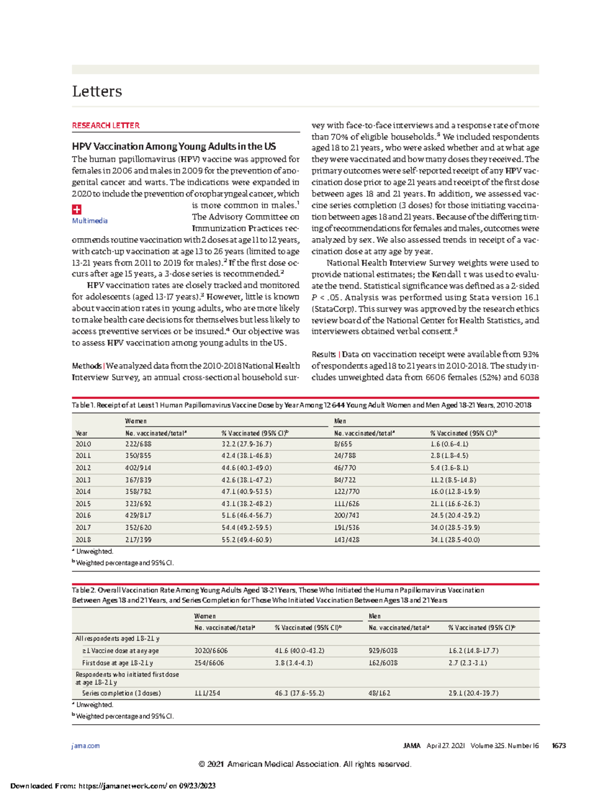 Jama chen 2021 ld 210008 1618595353 - Letters RESEARCH LETTER HPV ...