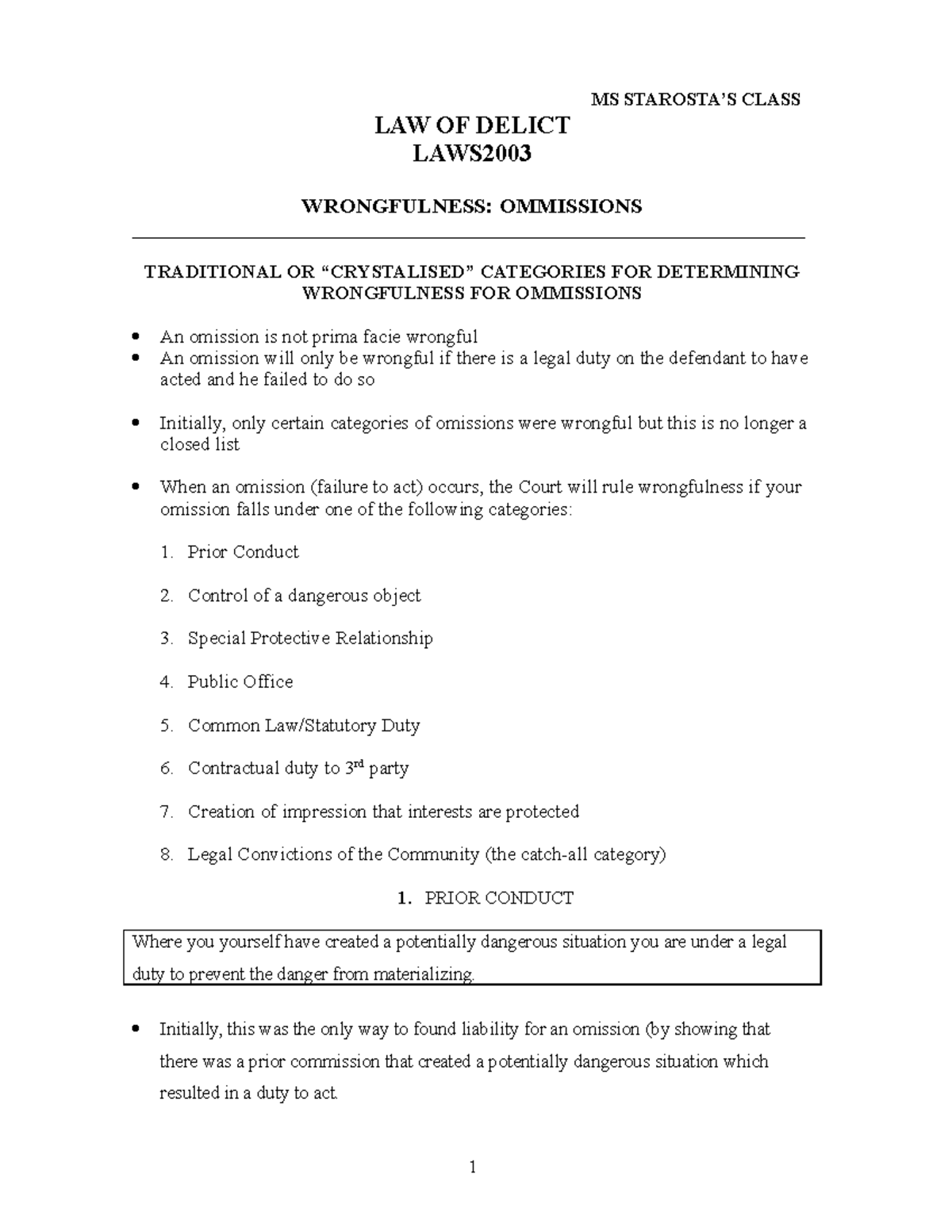 Delict Omissions Handout - MS STAROSTA’S CLASS LAW OF DELICT LAWS ...