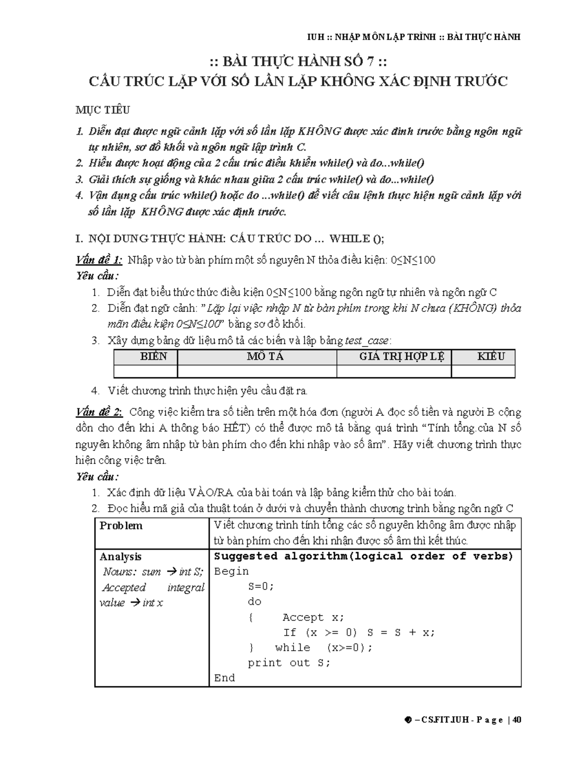 [nmlt][lab] [n07] while statement - – CS.FIT - P a g e | 40 :: BÀI THỰC HÀNH SỐ 7 :: CẤU TRÚC ...