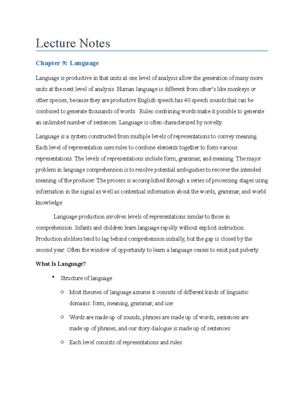 PSY 200 Chapter 9 - Study Material - Lecture Notes Chapter 9: Language ...