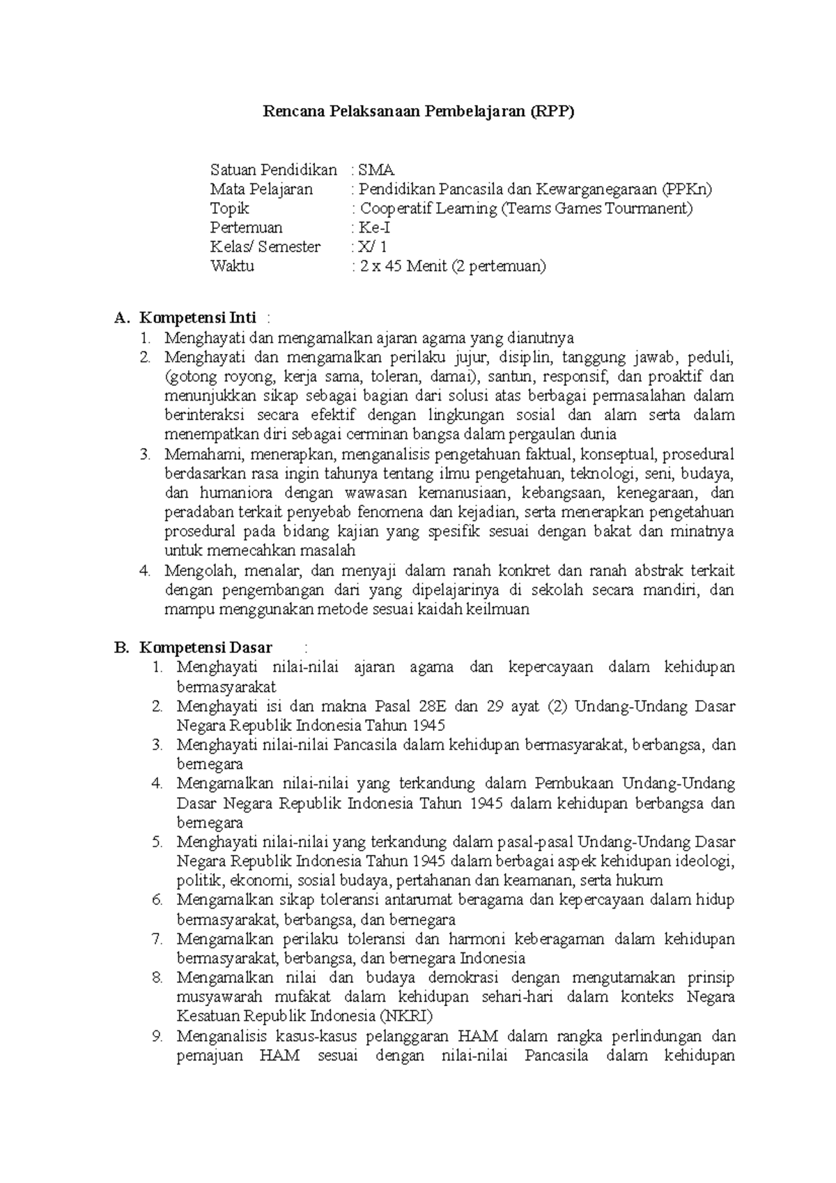 RPP PKN kelas X model pembelajaran TGT - Rencana Pelaksanaan ...