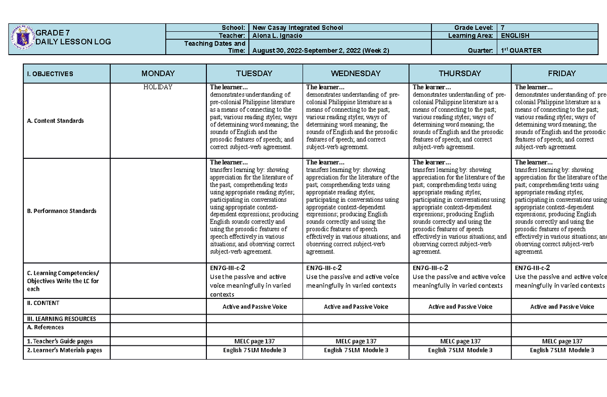 WEEK 2 Active AND Passive Voice - GRADE 7 DAILY LESSON LOG School: New ...
