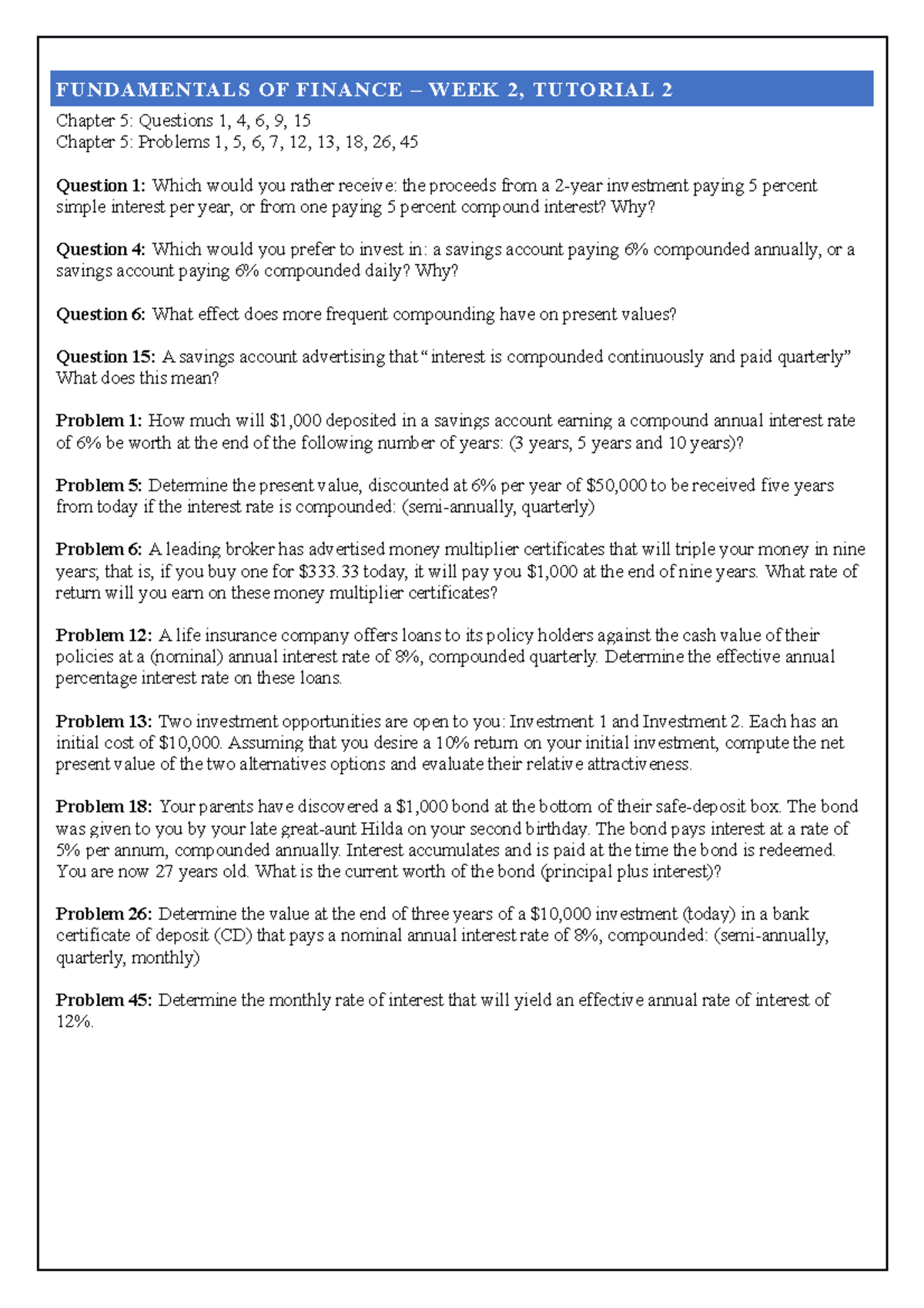 Fundamentals of Finance - Week 2, Tutorial 2 - FUNDAMENTALS OF FINANCE ...