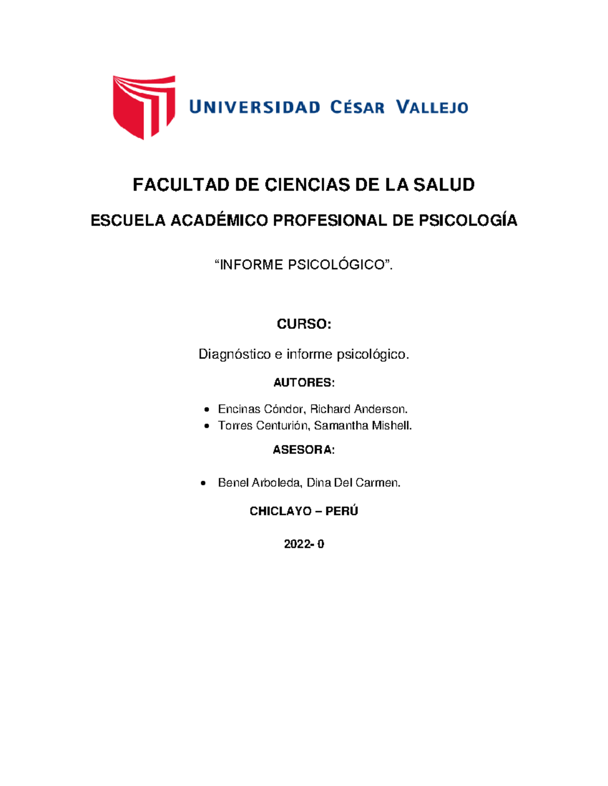 Informe Psicológico Diagnostico E Informe Psicológico 2021 Dina Del 5968