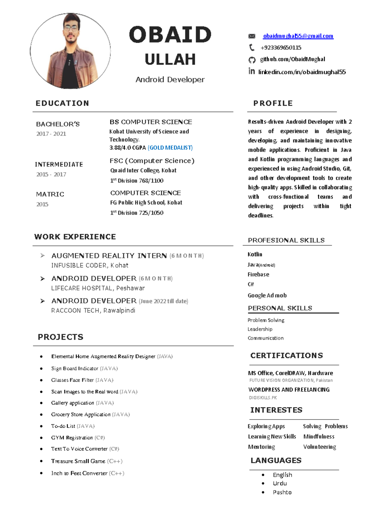 Obaid Ullah CV 1 - OBAID ULLAH Android Developer obaidmughal55@gmail + github/ObaidMughal - Studocu