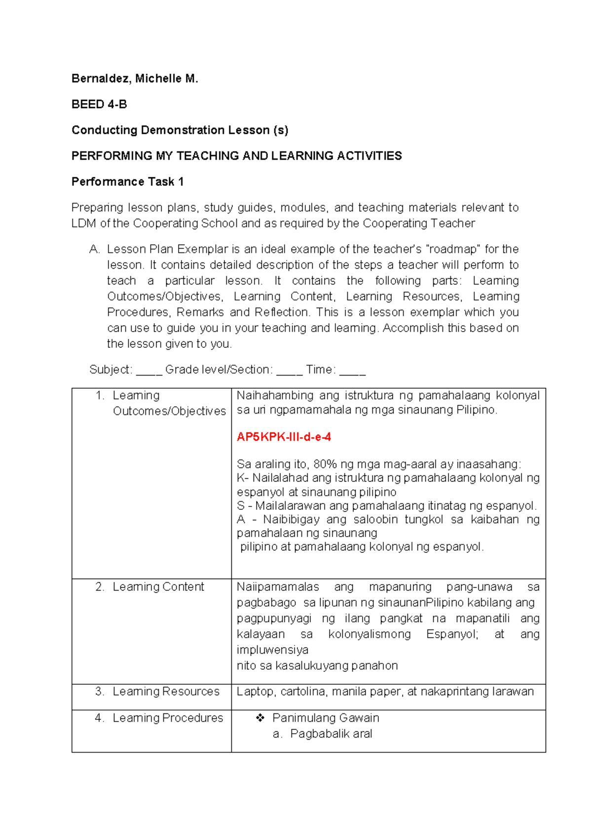 Bernaldez L - pls - Bernaldez, Michelle M. BEED 4-B Conducting ...