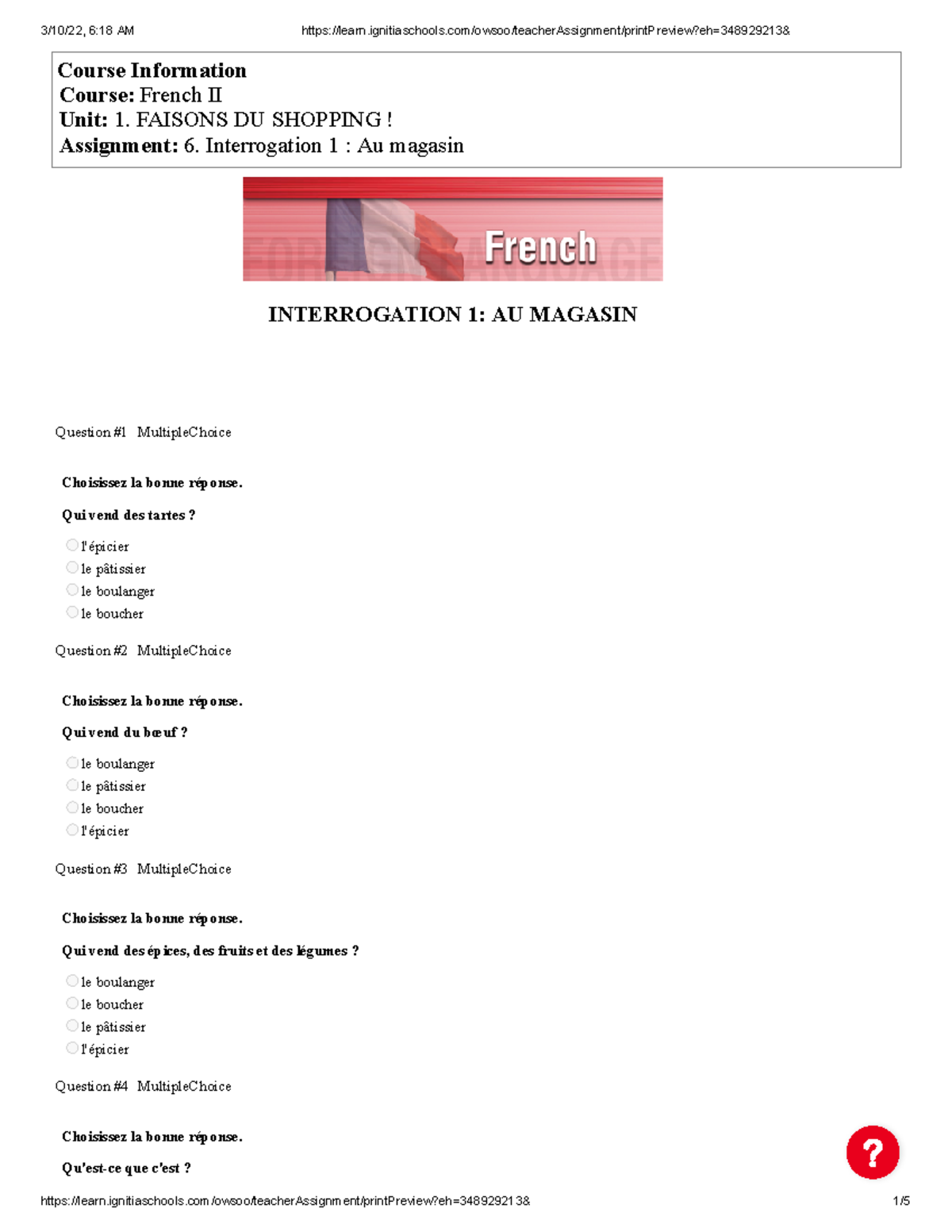 Assignment_Activities in Interrogation in french language : Au magasin ...
