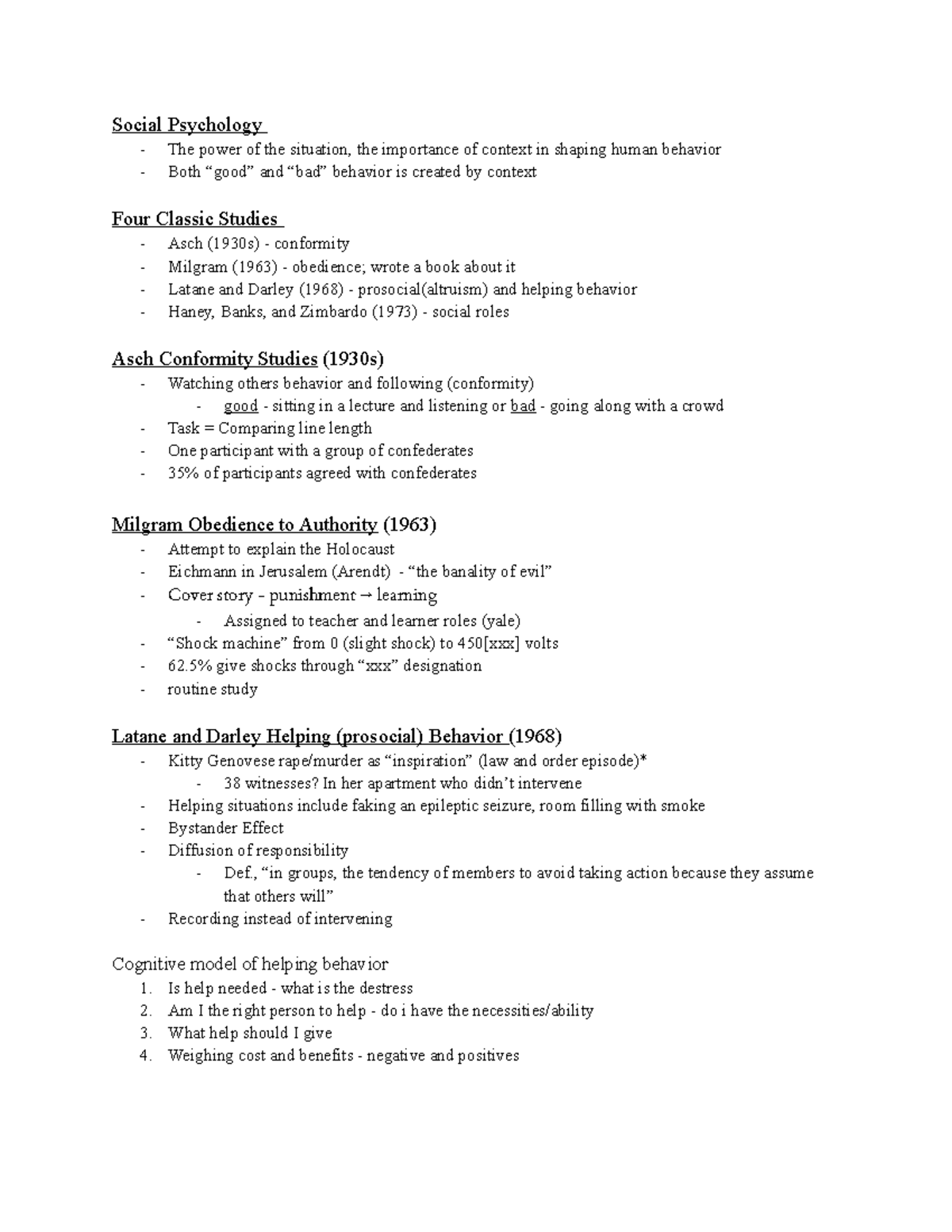 Psychology Class notes - Social Psychology The power of the situation ...