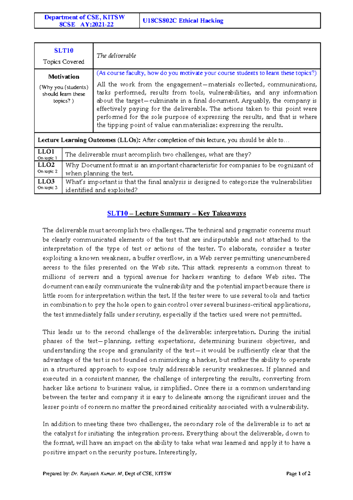 Ethical Hacking 11 Notes Department Of Cse Kitsw 8cse Ay2021 22 U18cs802c Ethical Hacking