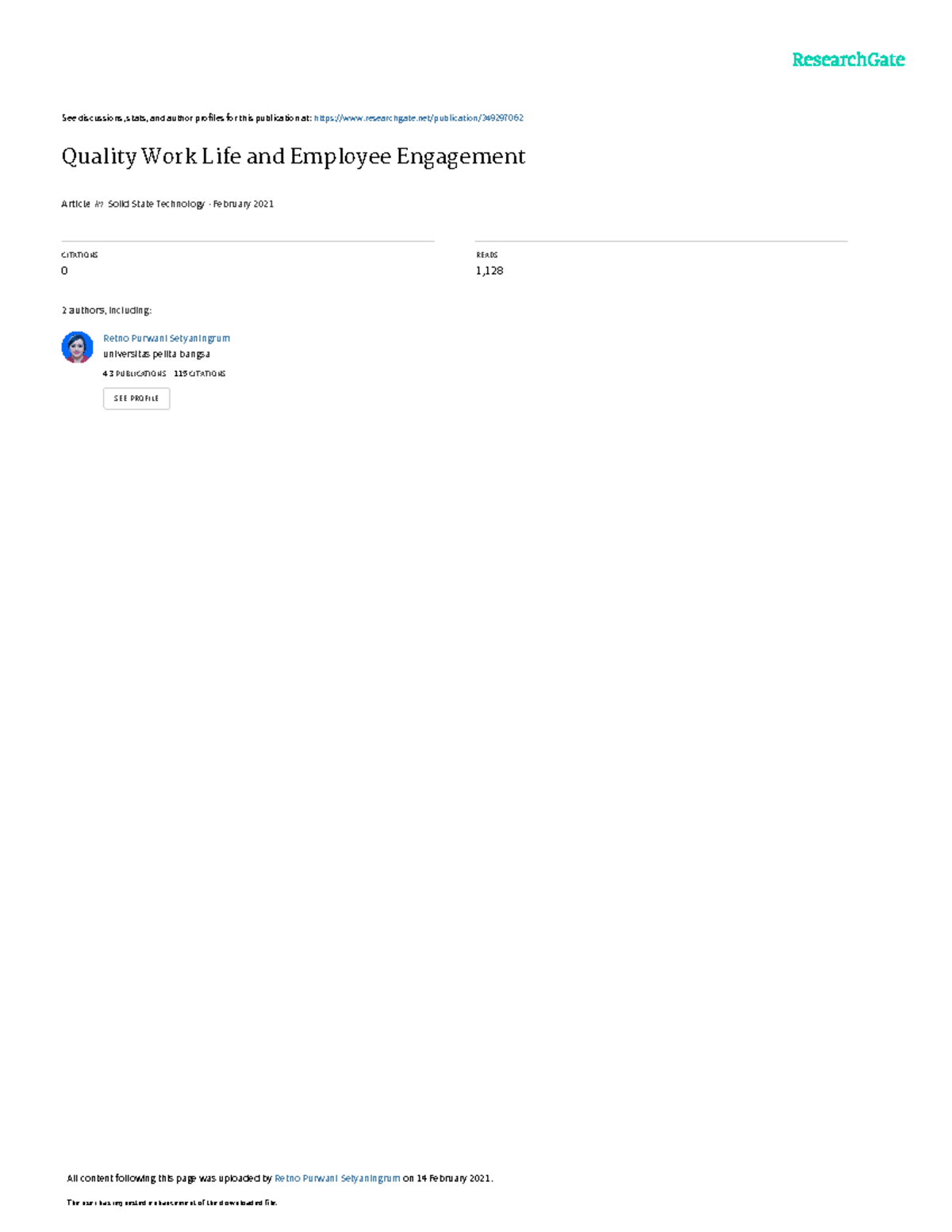 Quality Work Lifeand Employee Engagement Solid - See discussions, stats ...