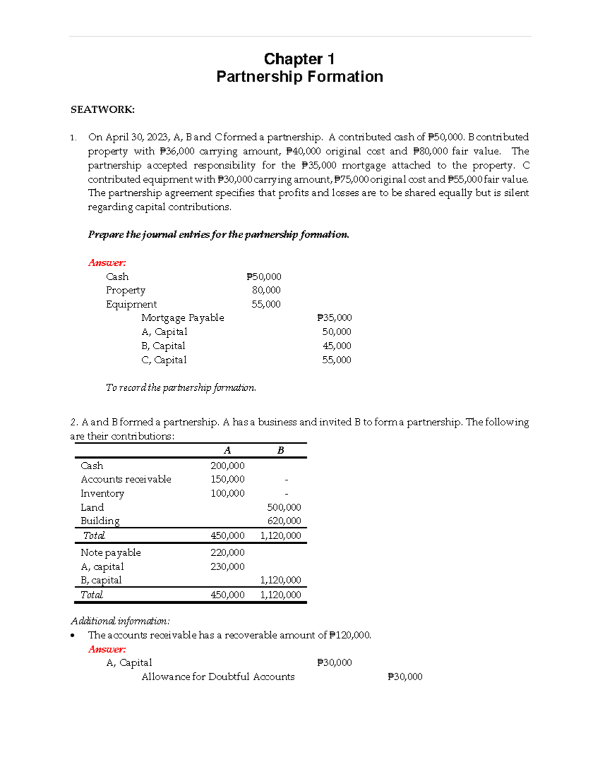 Seatwork-1 Answers - Help you understand the problem - Chapter 1 Partnership Formation SEATWORK ...