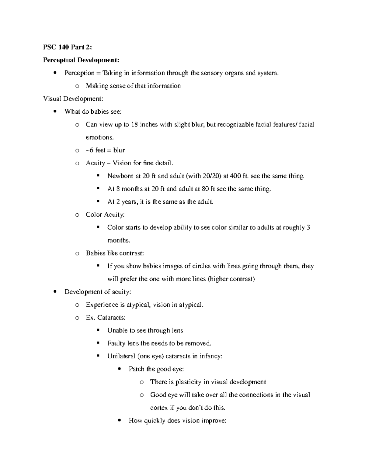 PSC 140 Notes Part 2 - PSC 140 Part 2: Perceptual Development ...
