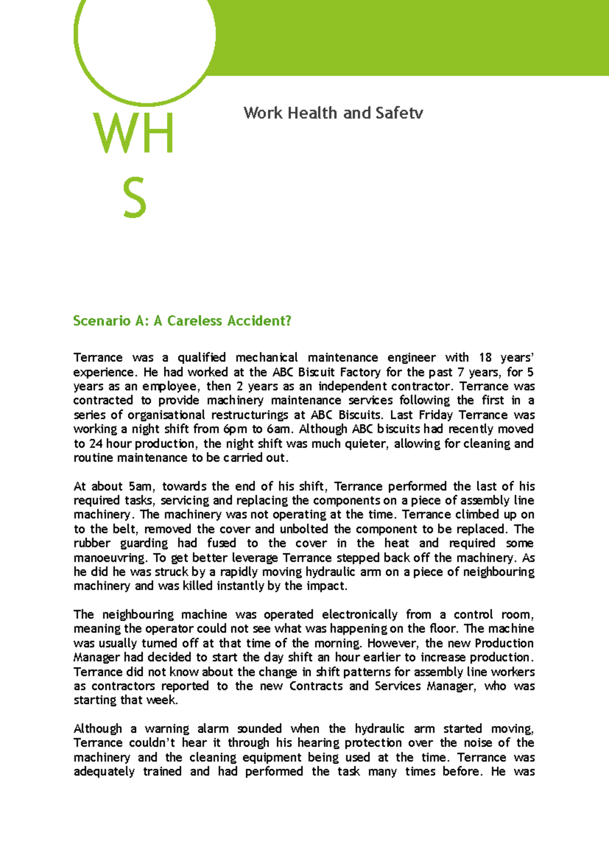 413 Scenarios Health and Safety - WH S Work Health and Safety Scenario ...