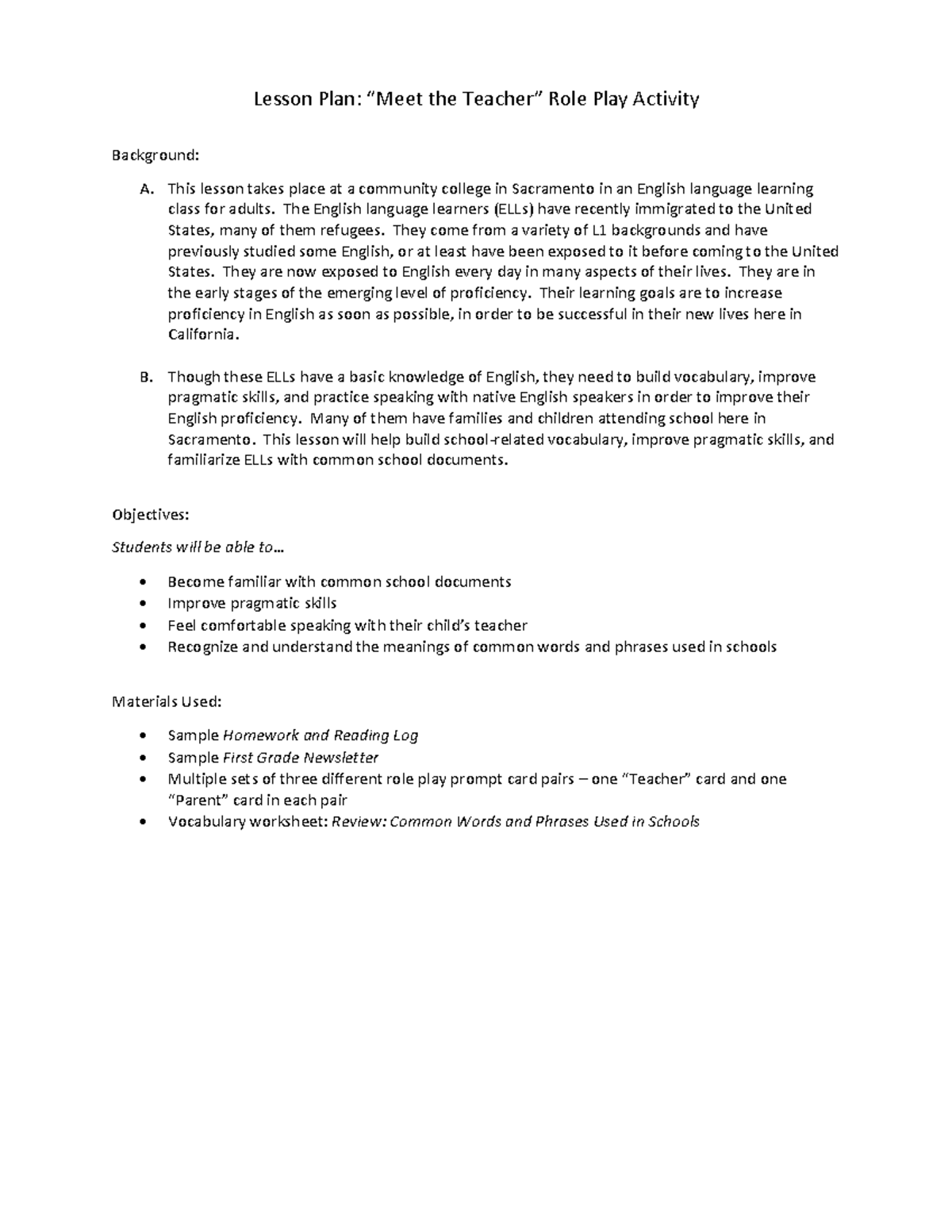 Example - Option D [Role Play] (Lesson Plan) - Lesson Plan: “Meet the ...