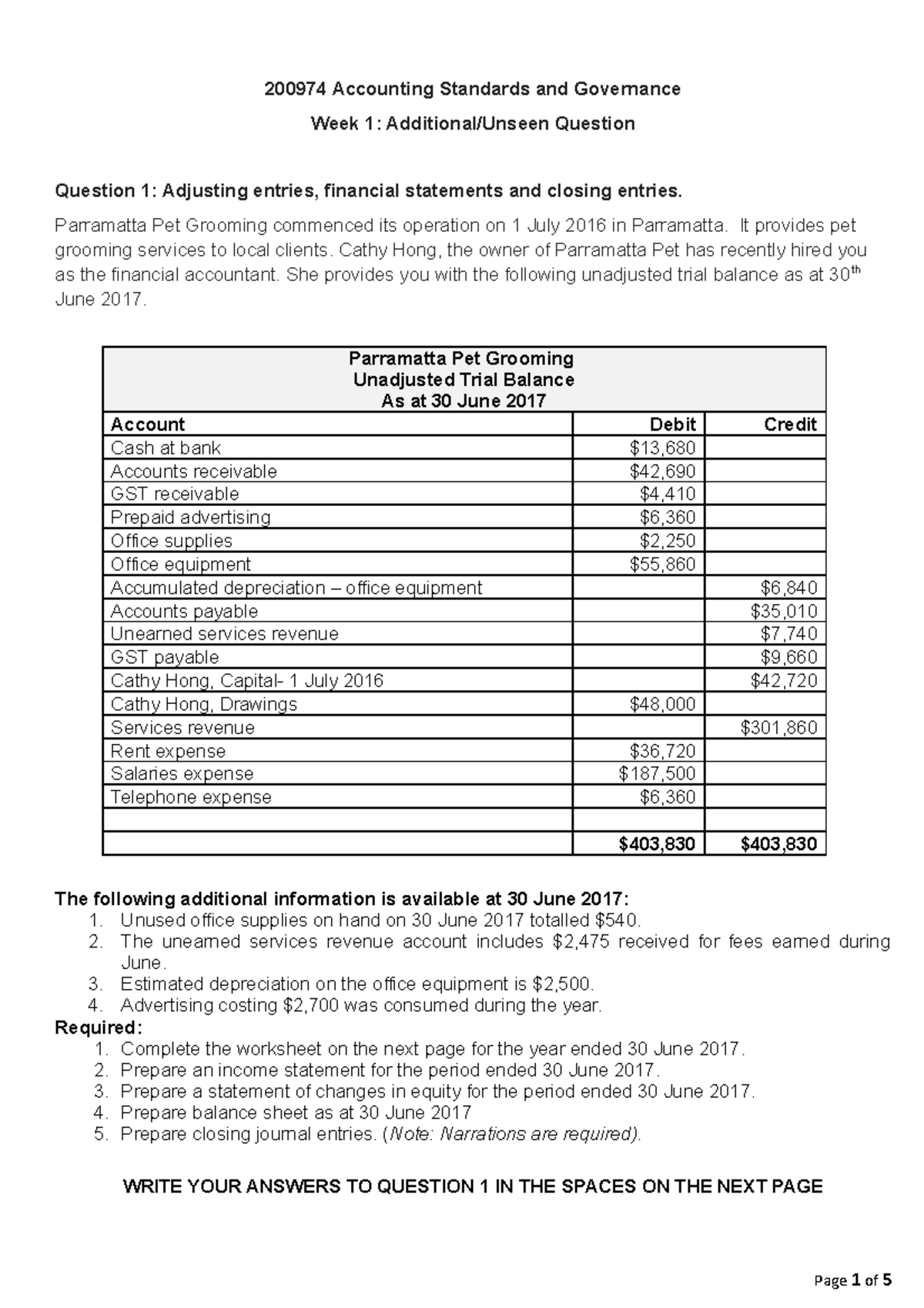 Week 1 Tutorial question & Solutions edit 1 - 200974 Accounting ...