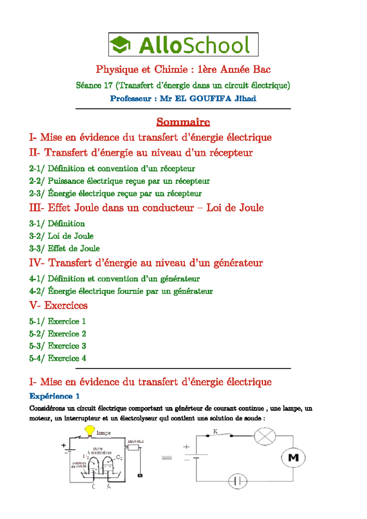 Seance 17 transfert d energie dans un circuit electrique 1 - Electrical Engineering - Studocu