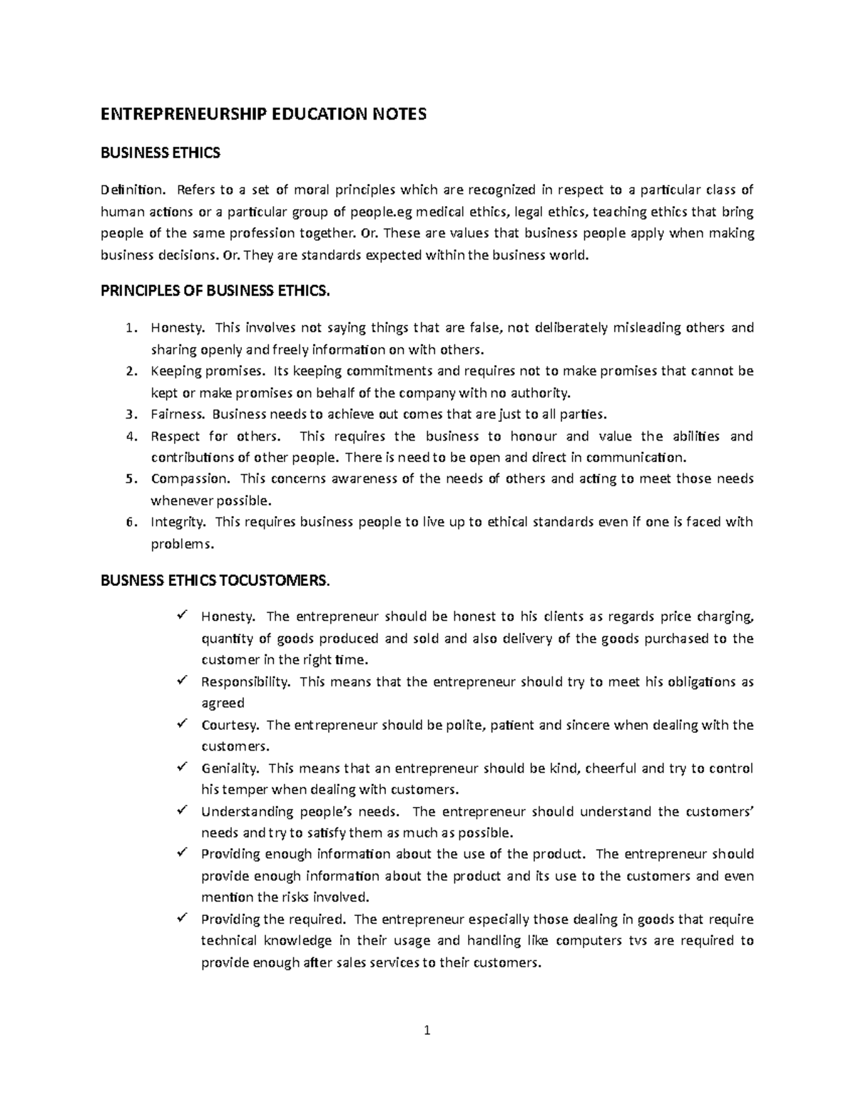 Entrepreneurship Education Notes - ENTREPRENEURSHIP EDUCATION NOTES ...