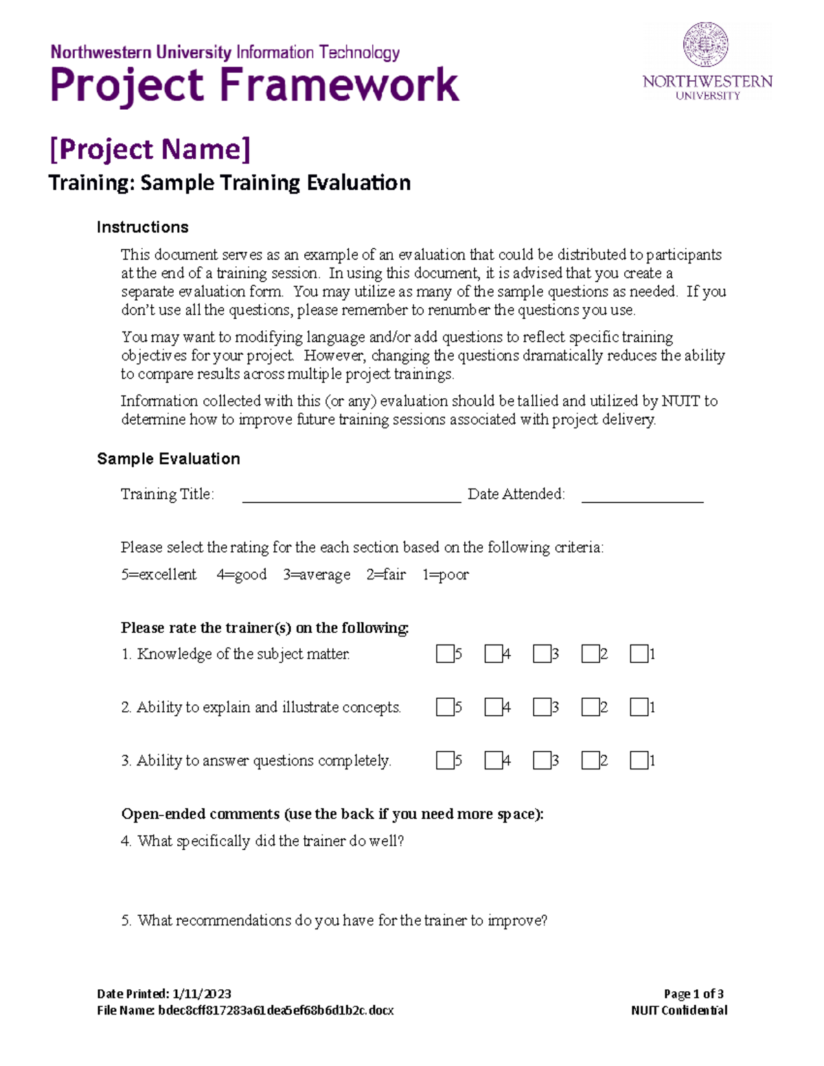 Sample Training Evaluation v - [Project Name] Training: Sample Training ...