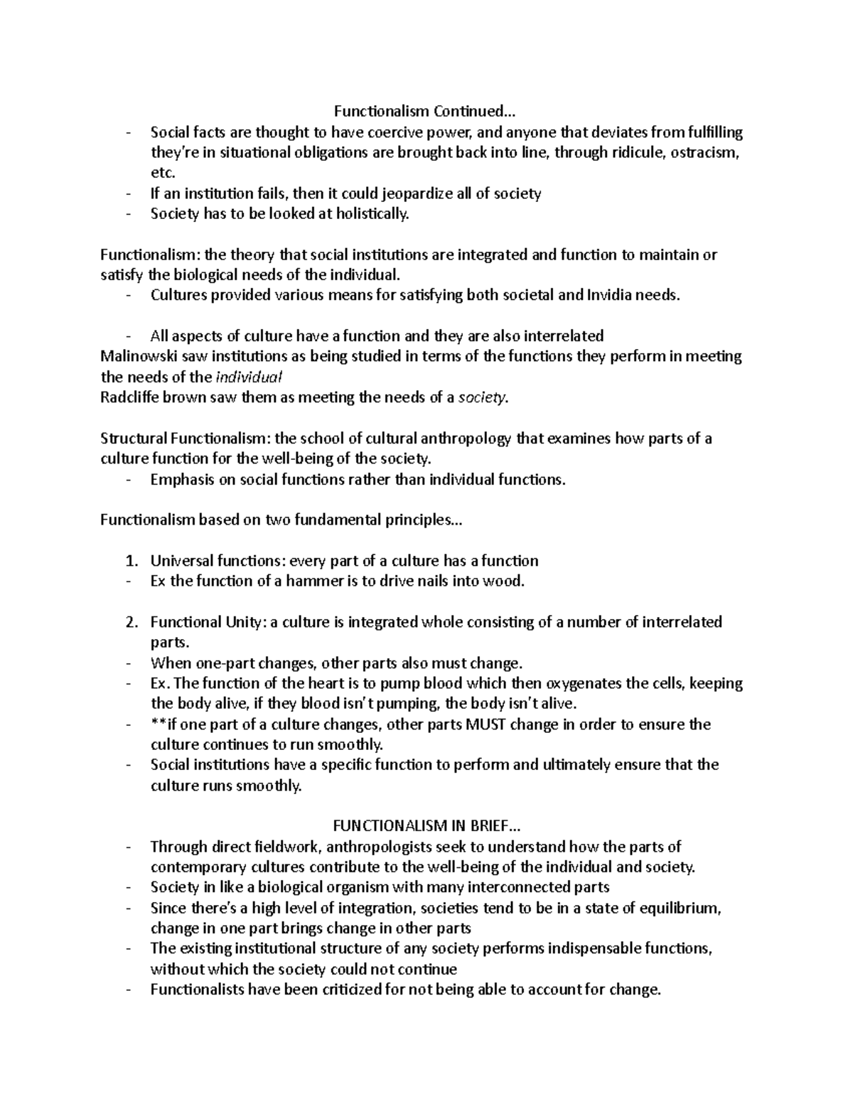 Ch 4 + 5 Cultural Anthro - Lecture notes 4 & 5 - Functionalism ...
