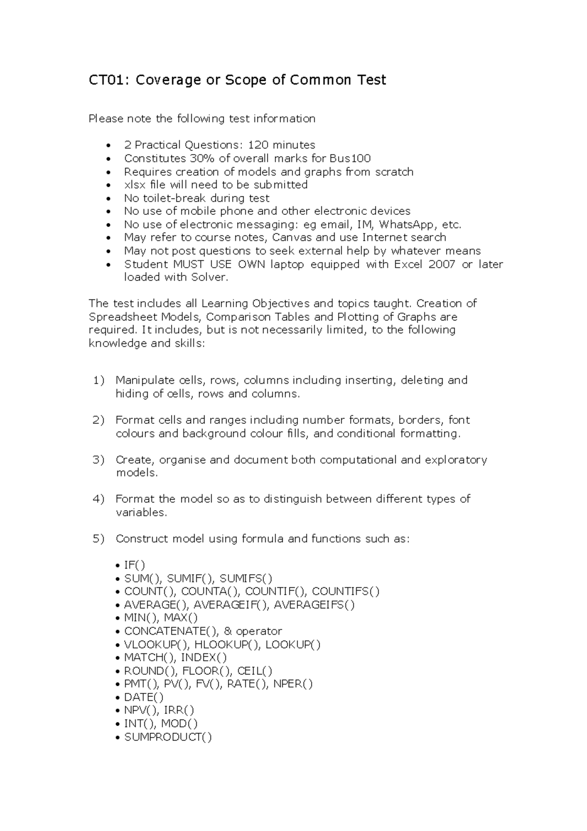 Bus100 CT01 Scope - CT01: Coverage or Scope of Common Test Please note ...