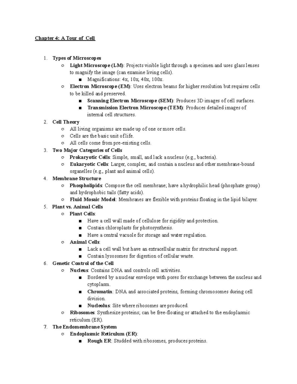 Chapter 4 - General bio study guide (full) - Chapter 4: A Tour of Cell ...