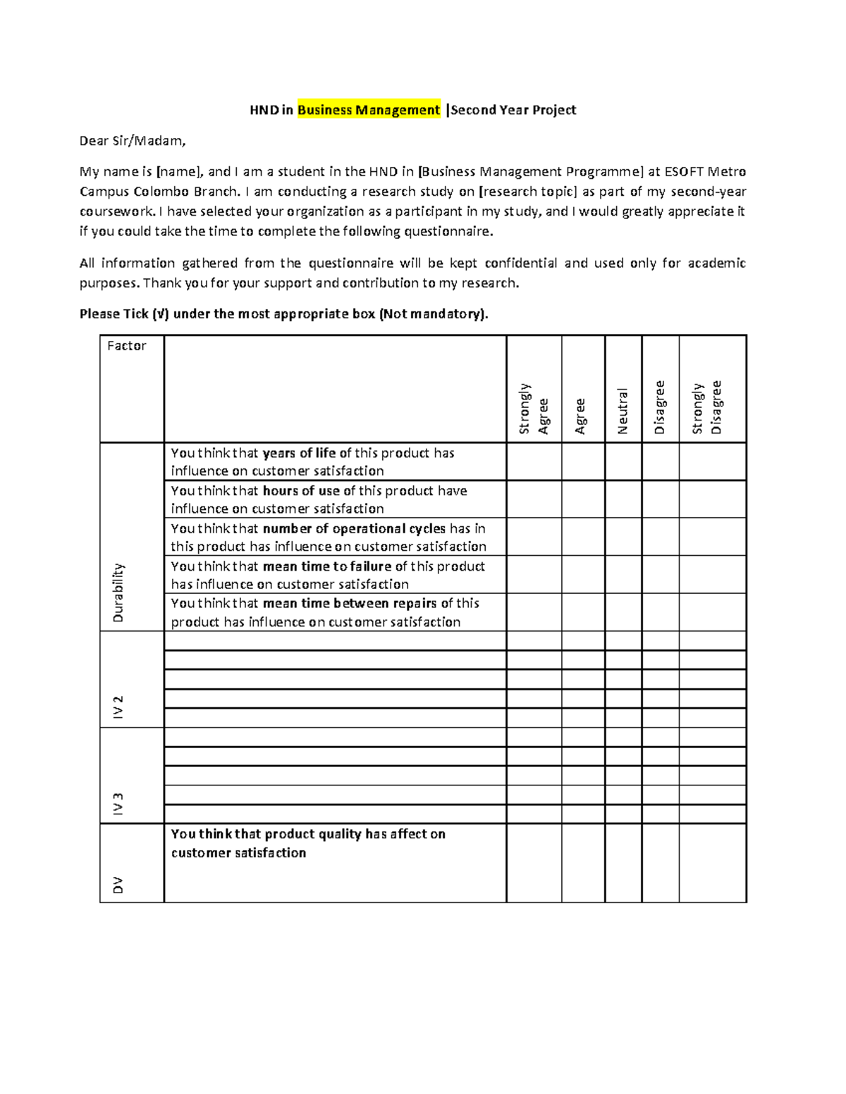 Research Project Questionnaire - Dear Sir/Madam, HND in Business ...