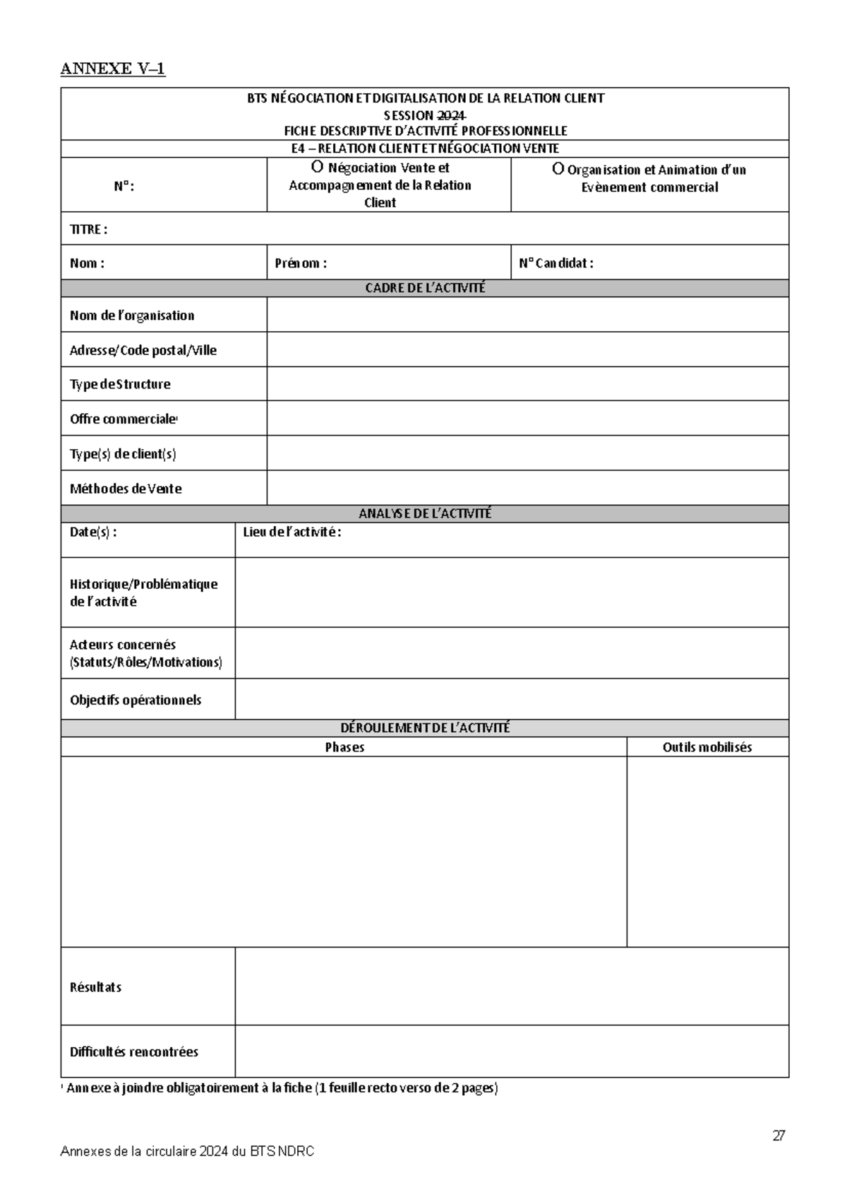 Fiche E4 vierge - Rien - 27 Annexes de la circulaire 2024 du BTS NDRC ANNEXE V– BTS NÉGOCIATION ...