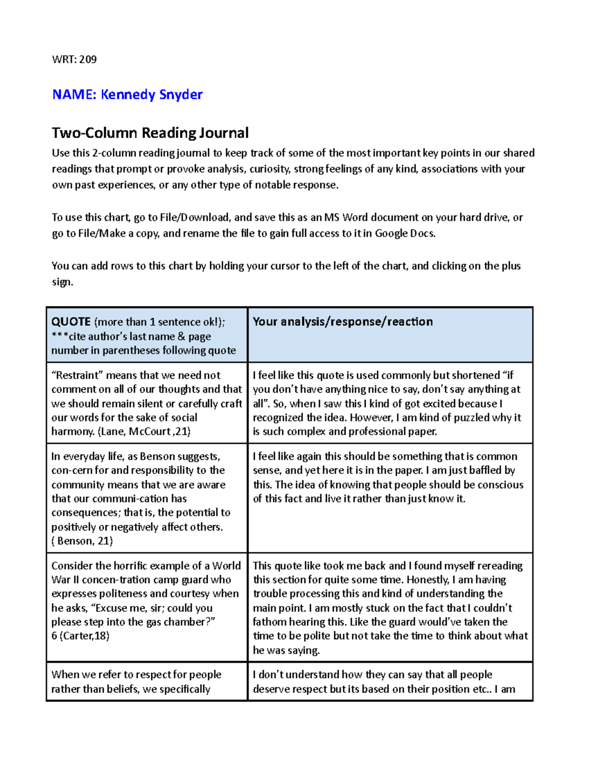 Two Column Reading Journal Wrt 209 Name Kennedy Snyder Two Column
