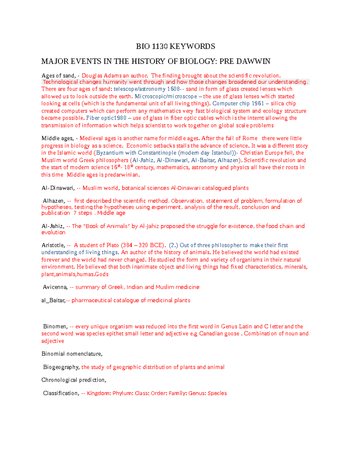BIO 1130 Keywords - BIO 1130 KEYWORDS MAJOR EVENTS IN THE HISTORY OF ...