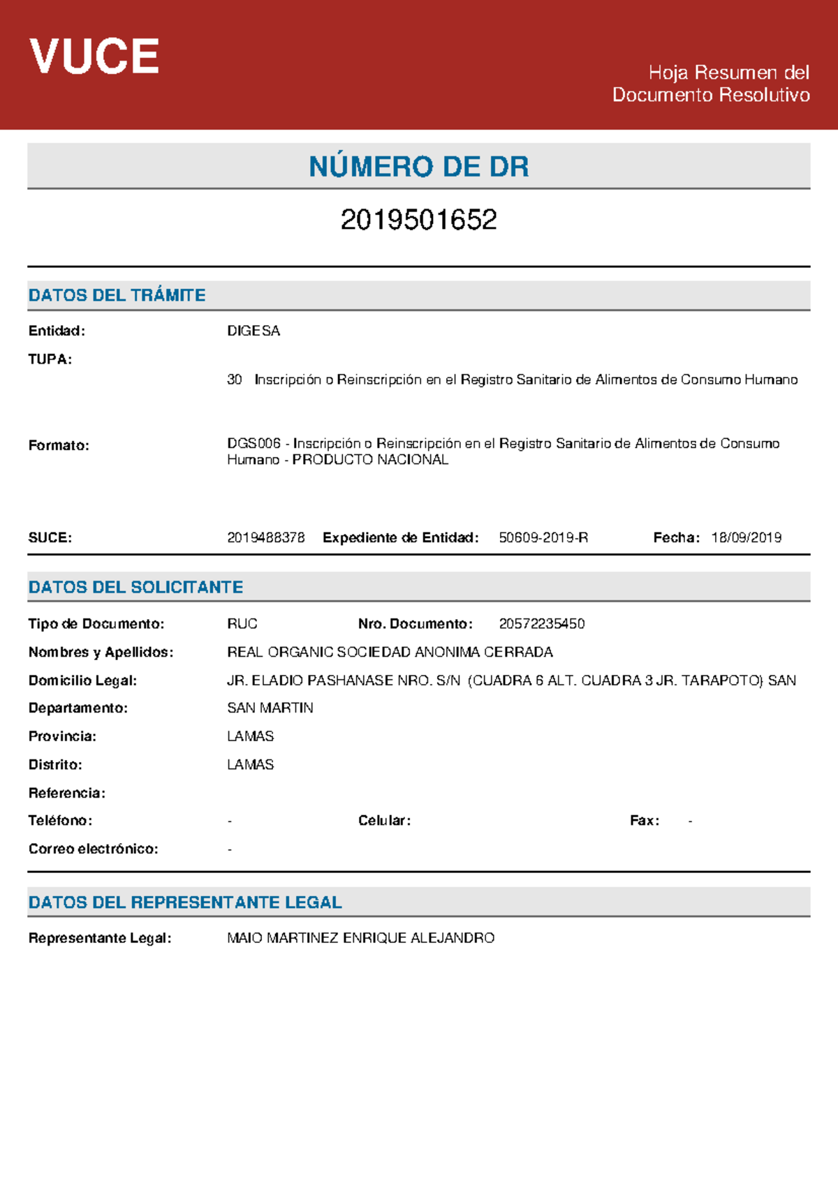 VUCE Hoja Resumen DR 2019 501652 - VUCE Hoja Resumen del Documento ...